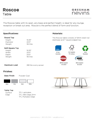 Roscoe Table Specification Sheet | 1-800-231-2744
