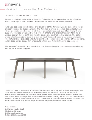 Arlo Table Collection Press Release | 1-800-231-2744